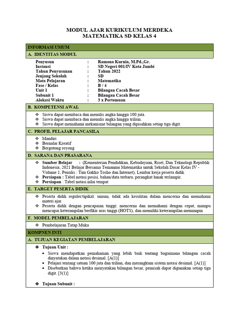 Modul MTK Kelas 4 | PDF