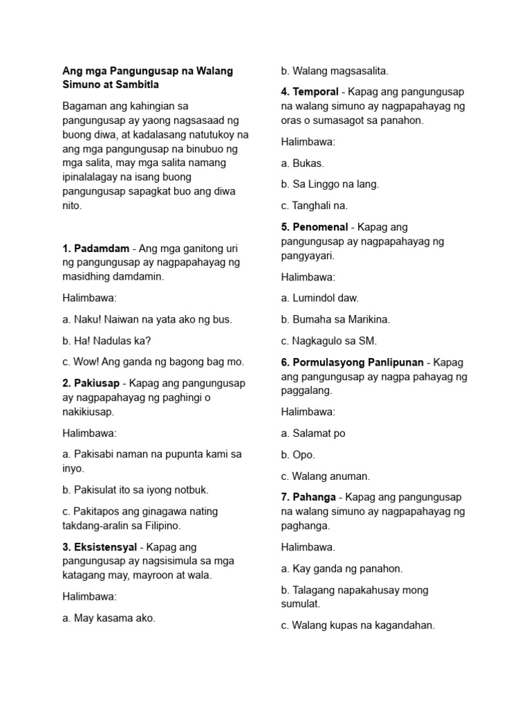 Ang Mga Pangungusap Na Walang Simuno at Sambitla L.acobera | PDF