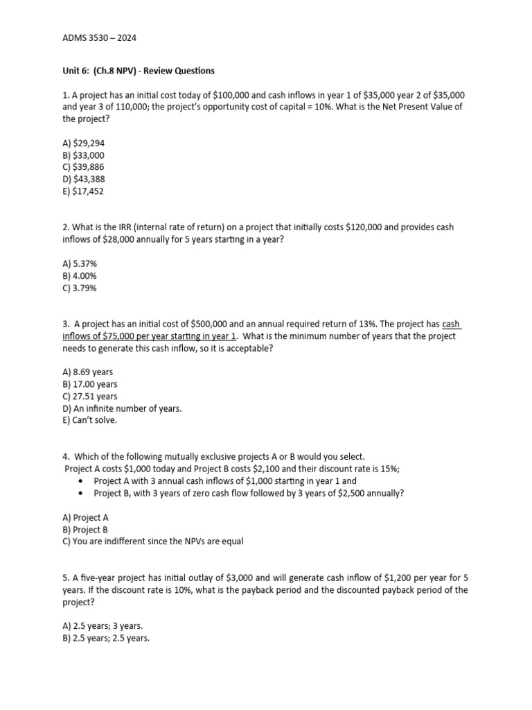 Unit 6 - Ch.8 Review Questions (2024) | PDF | Net Present Value | Internal Rate Of Return