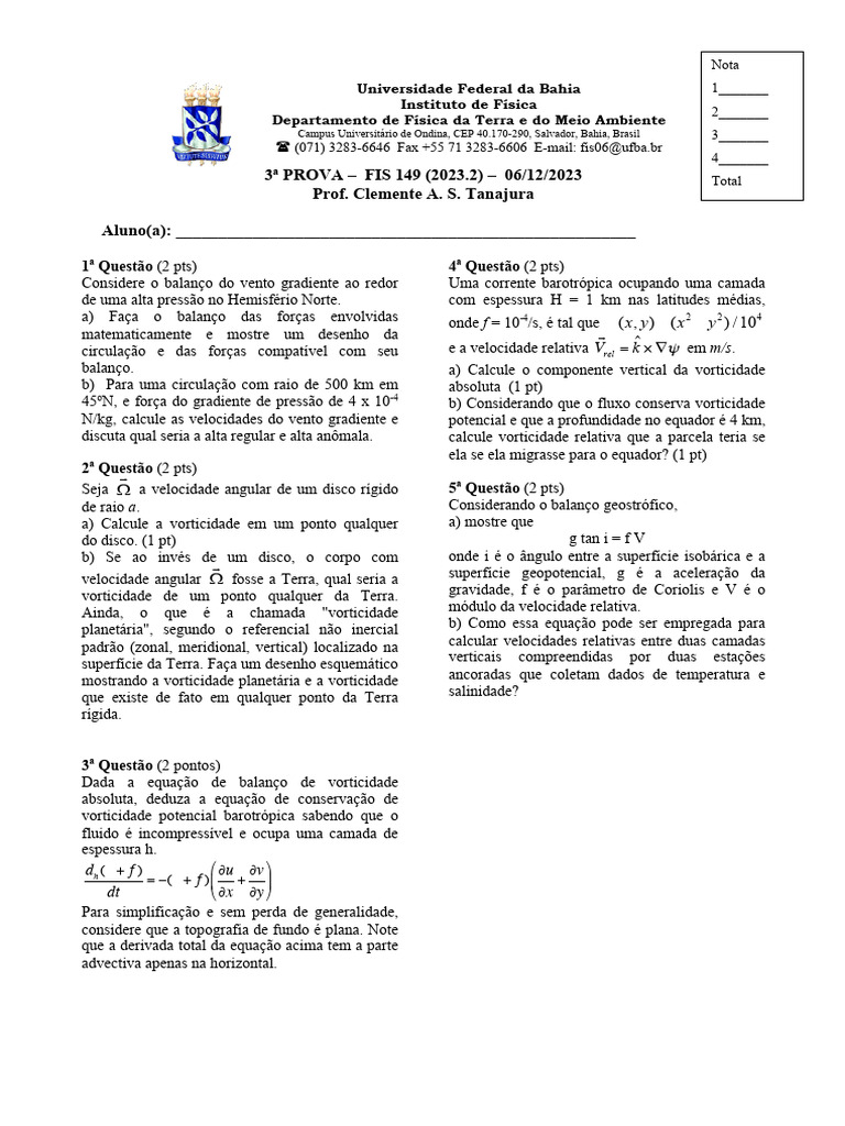 Prova3 FIS149 6 Dec 2023 | PDF | Dinâmica (Mecânica) | Mecânica Clássica