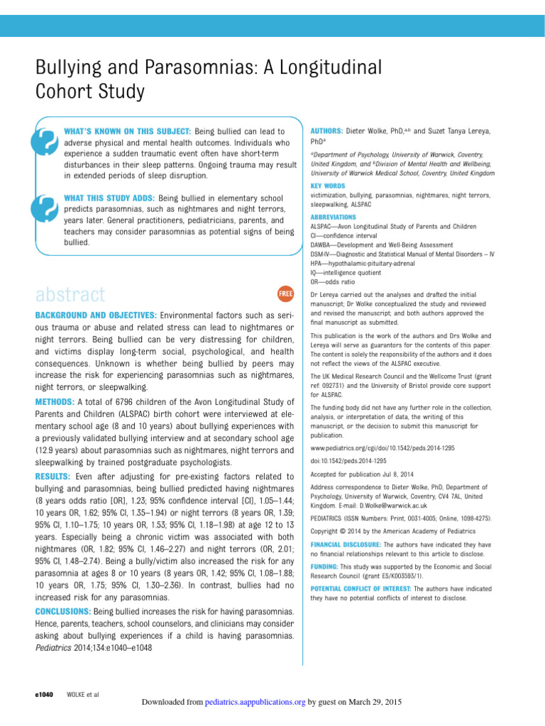 Bullying and Parasomnias: A Longitudinal Cohort Study | PDF | Sleep ...