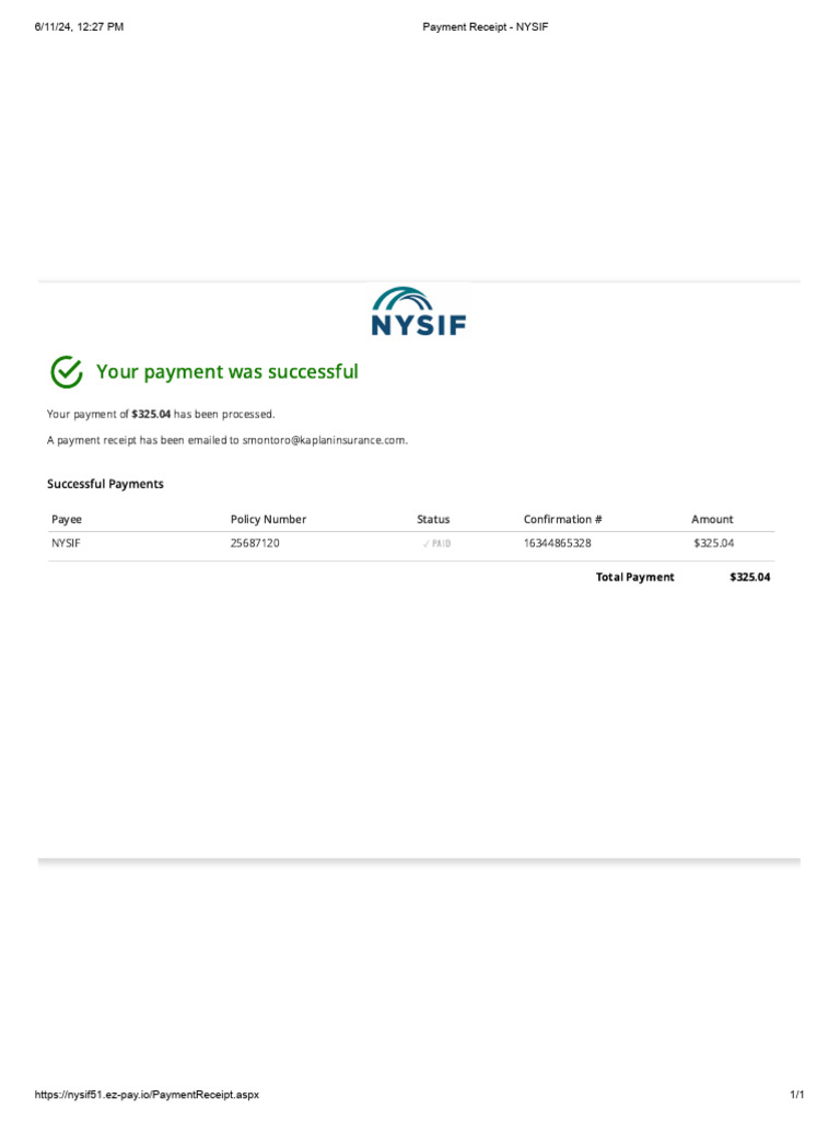 Successful Payment Receipt for NYSIF | PDF