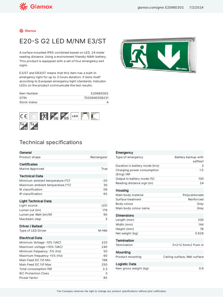 E20 S G2 Led M/NM E3/St: Technical Specifications | PDF | Light Emitting Diode | Alternating Current