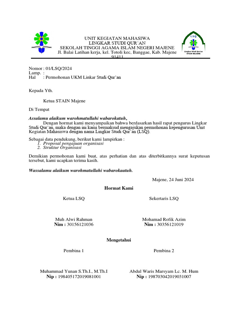 Format Surat Pengajuan UKM LSQ STAIN Majene | PDF