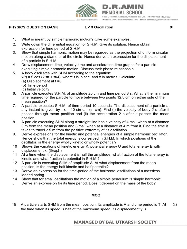 Physics Question Bank L-1 3 Oscillation XI | PDF | Oscillation ...
