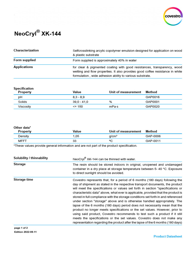 NeoCryl XK 144 - en - 50028606 23375077 23489598 | PDF | Physical Chemistry | Industrial Processes