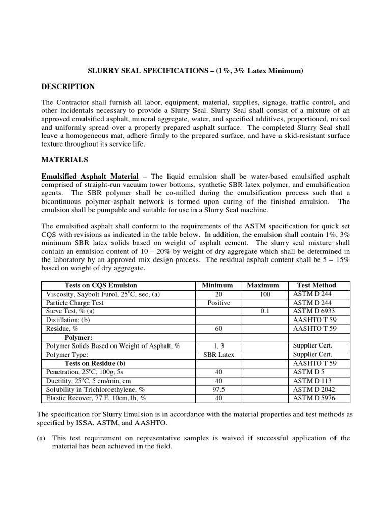 Slurry Seal Specification | PDF | Emulsion | Road Surface