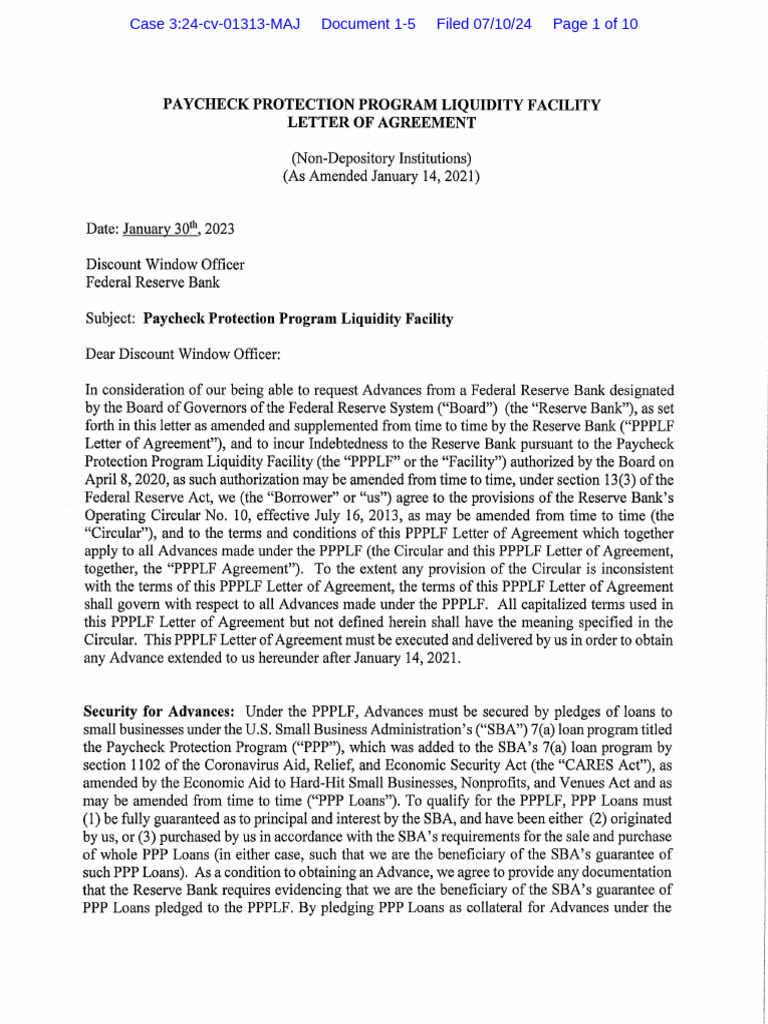 Paycheck Protection Program Liquidity Facility Letter of Agreement ...