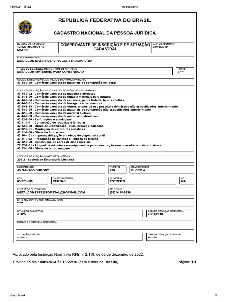 00000033-Cartão CNPJ - Metalcon Materiais | PDF