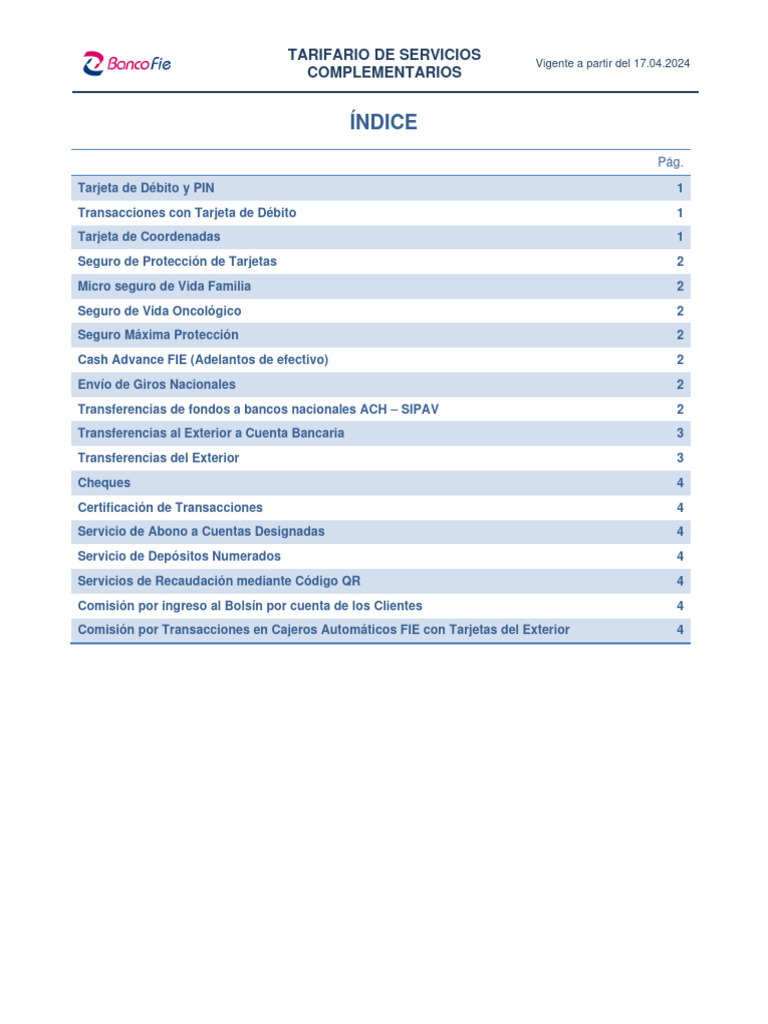 03 - Tarifario de Servicios Complementarios 17 04 2024 - ASFI Y WEB | PDF | Tarjeta de débito ...