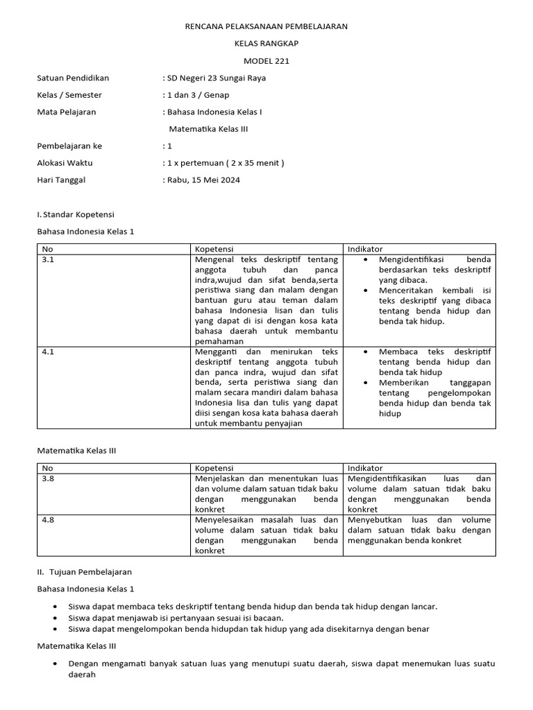 RPP Kelas Rangkap Model 221 | PDF | Sains & Matematika