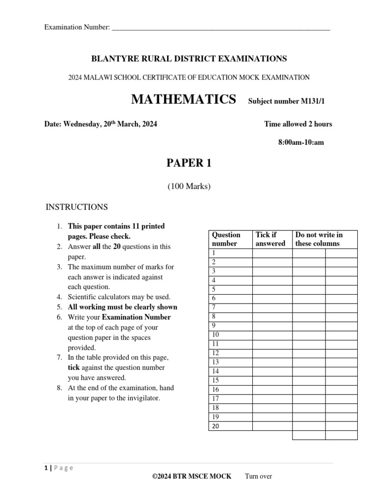2024 Mathematics Paper I Btr Mock Exams Pdf Acceleration