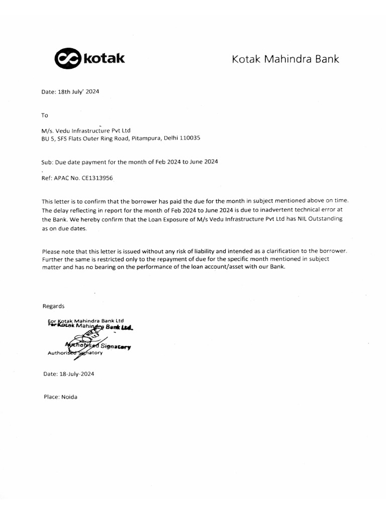 Kotak Mahindra Letter Vedu | PDF