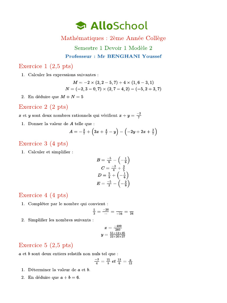Math 2ac Semestre 1 Devoir 1 Modele 2 1 | PDF