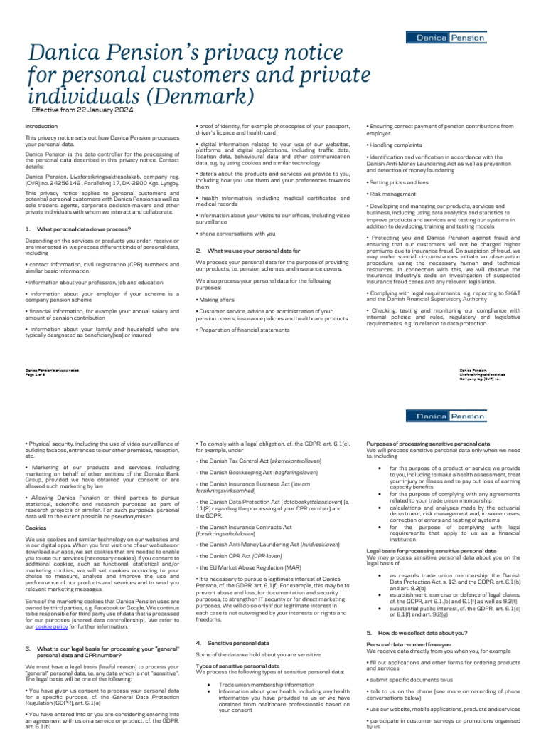 A4 Danica Pensions Processing of Personal Data | PDF | Insurance | Pension