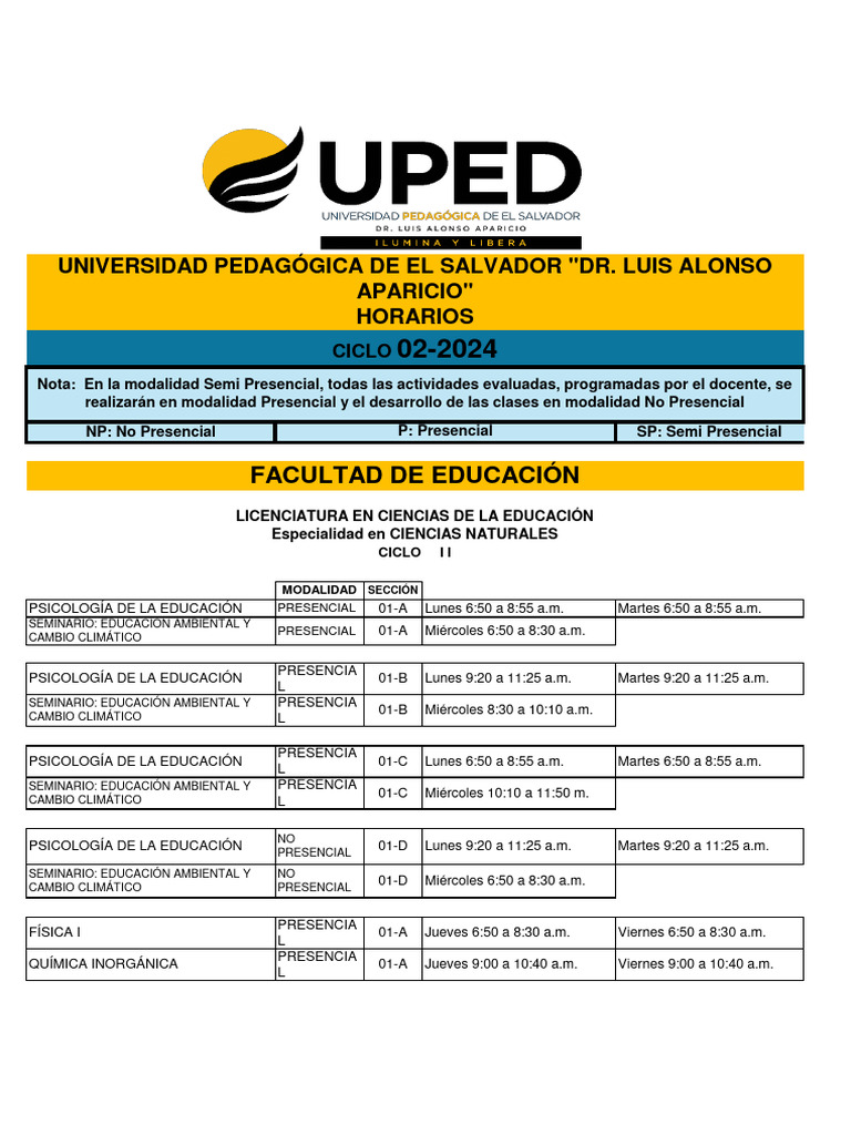 Horarios Uped 02 2024 | PDF | Educación en artes liberales | Science