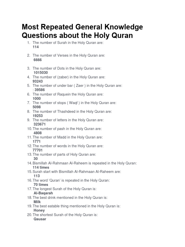 Most Repeated General Knowledge Questions About The Holy Quran | PDF ...