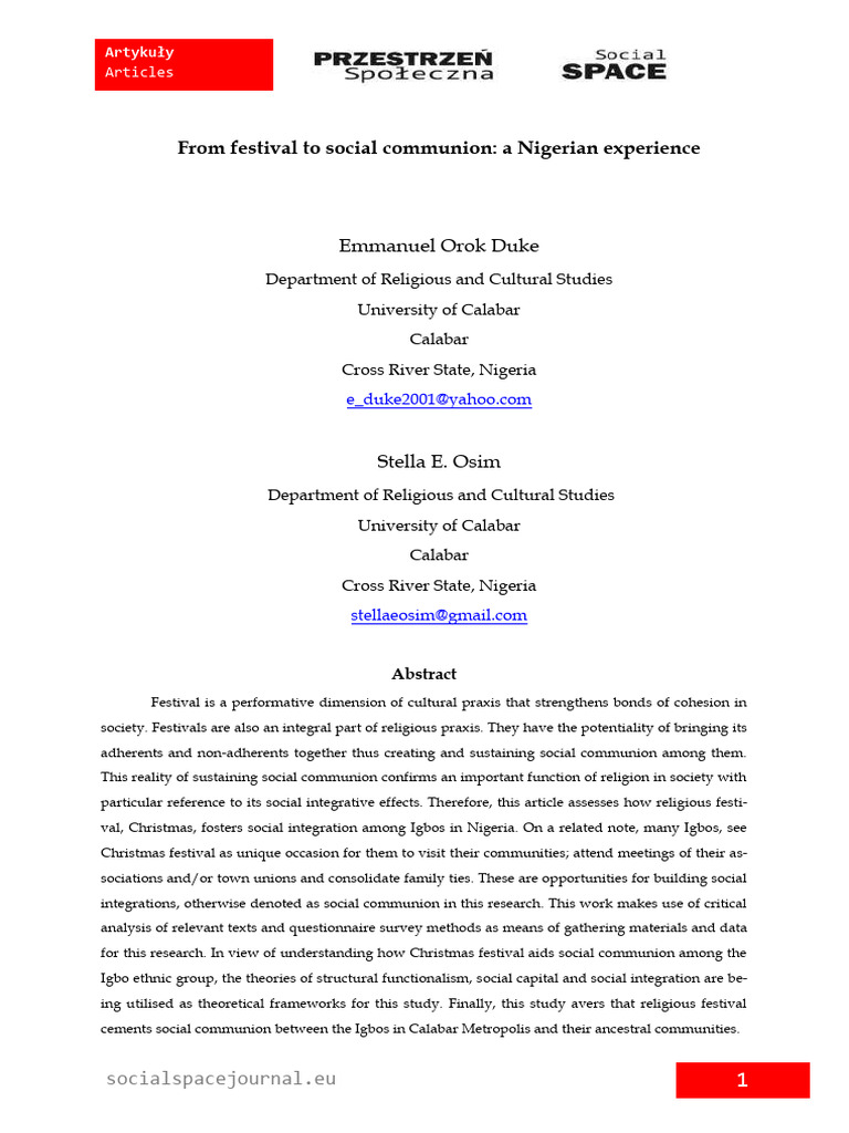 From Festival To Social Communion A Nige | PDF | Social Capital | Jesus