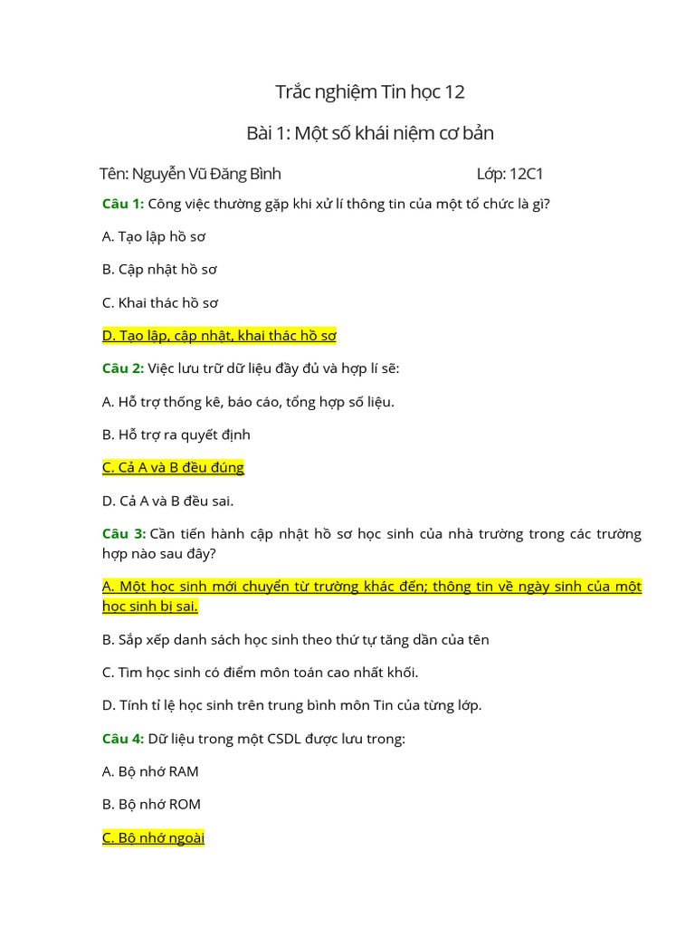 De Trac Nghiem Tin 12 Hki (40 Câu) | PDF