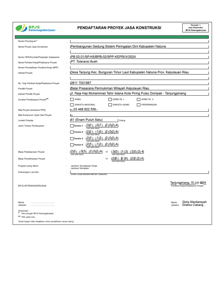Pendaftaran Proyek Jasa Konstruksi BPJS | PDF