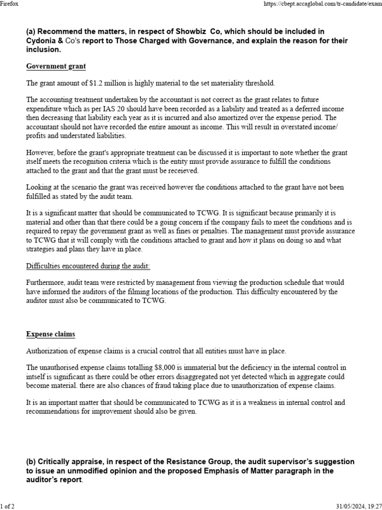 Aaa June '24 Mock Q3 | PDF | Auditor's Report | Audit