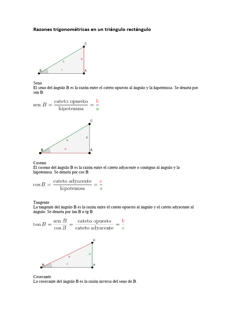 Razones Trigonométricas en Un Triángulo Rectángulo - Formulas | PDF | Funciones trigonométricas ...