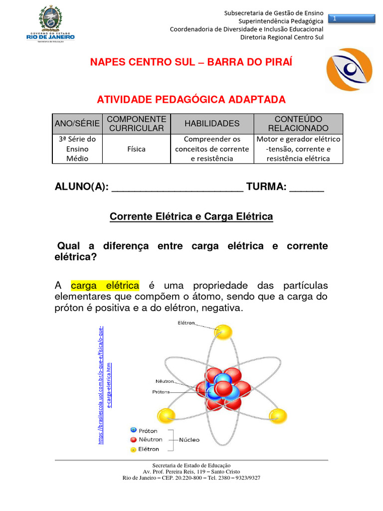 Fisica Atividade Corrente Elétrica e Carga Elétrica 3º Ano Ensino Medio ... Fisica Atividade Corrente Elétrica e Carga Elétrica 3º Ano Ensino Medio ...