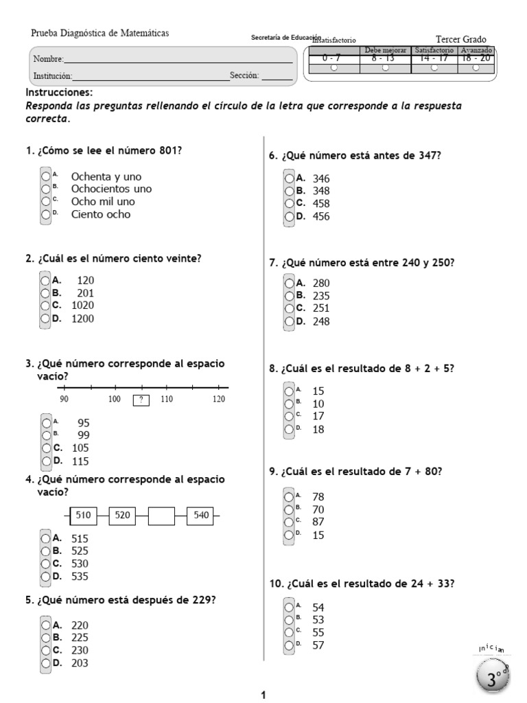 Prueba Diagnóstica de Matemáticas 3º Grado | PDF