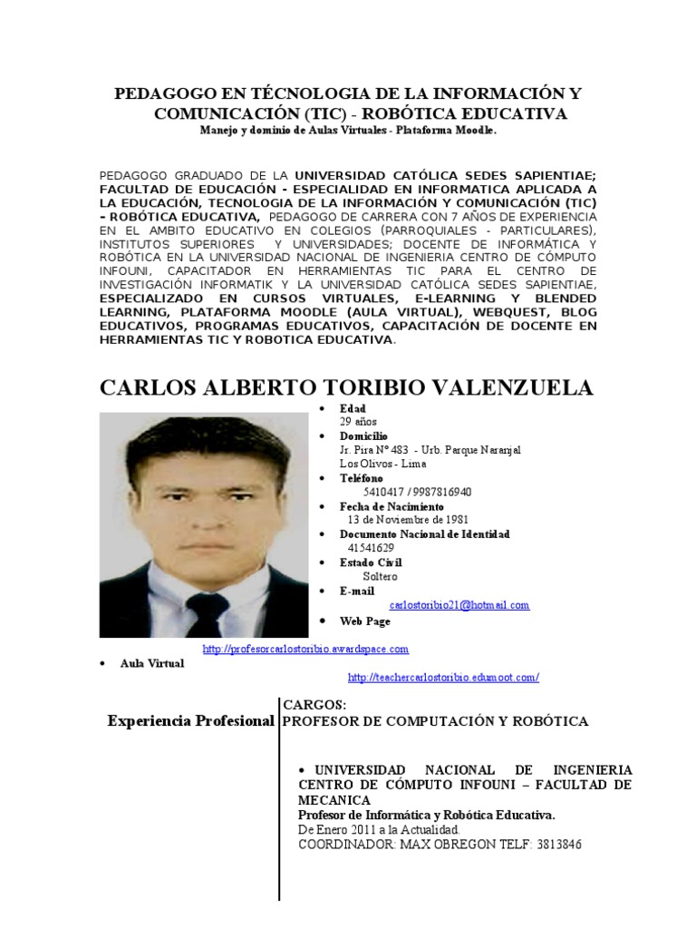Curriculum-Carlos Alberto Toribio Valenzuela | Descargar gratis PDF | Tecnologia Educacional ...