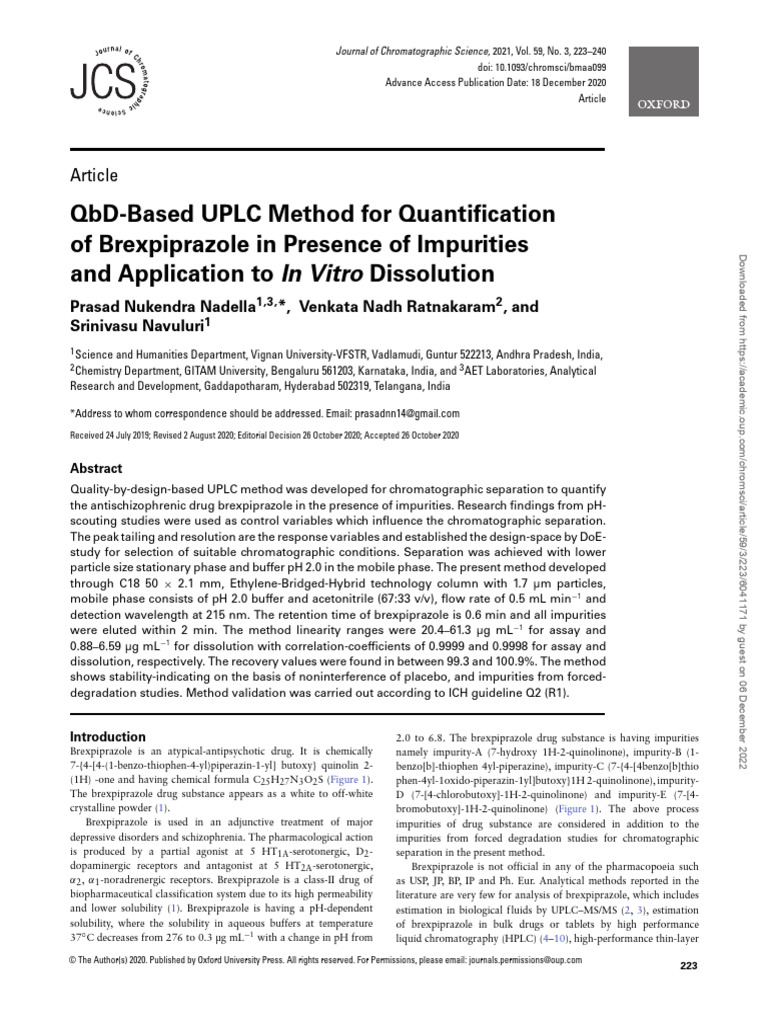 QbD-Based UPLC Method For Quantification of Brexpiprazole in Presence of Impurities and ...