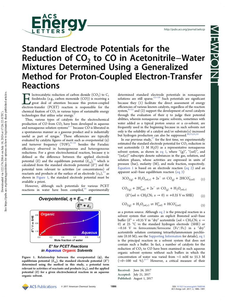 Matsubara 2017 Standard Electrode Potentials For The Reduction of Co2 ...