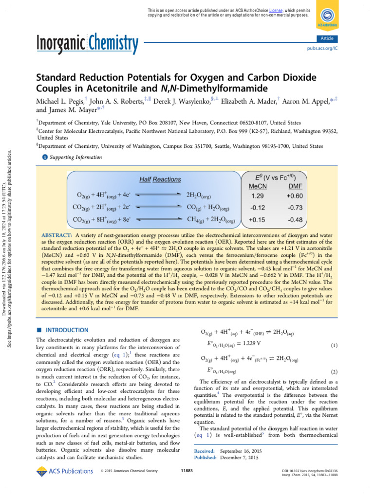 Pegis Et Al 2015 Standard Reduction Potentials For Oxygen and Carbon ...