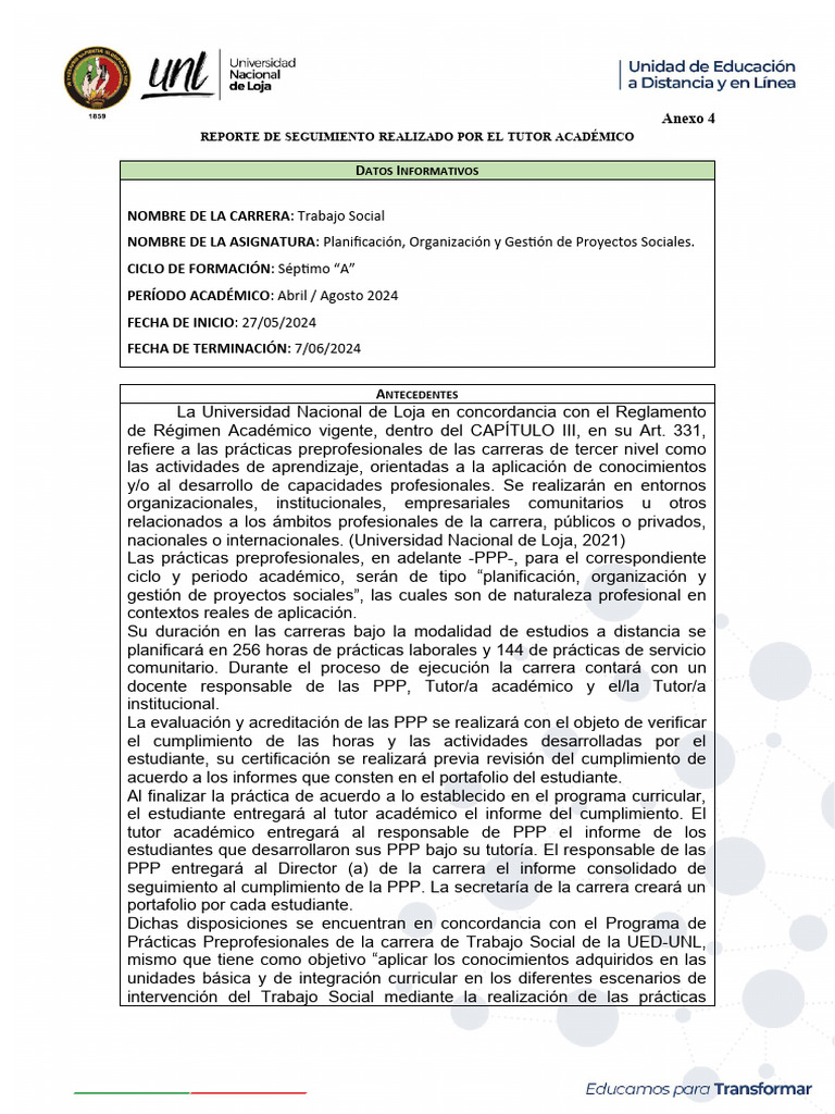 Anexo Iv - Reporte de Seguimiento Realizado (Realiza El Tutor Académico y Legaliza El Tutor ...