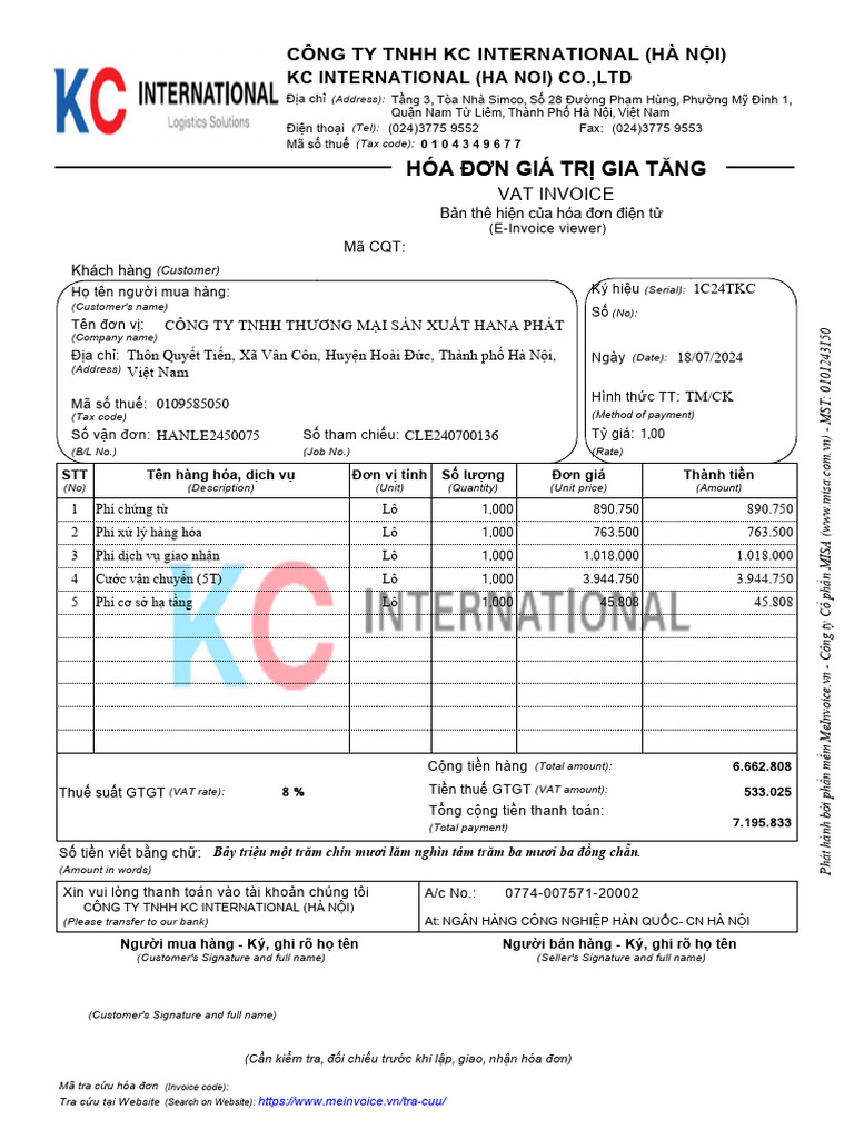 Draft Inv Hanle2450075 - Hana Phat | PDF