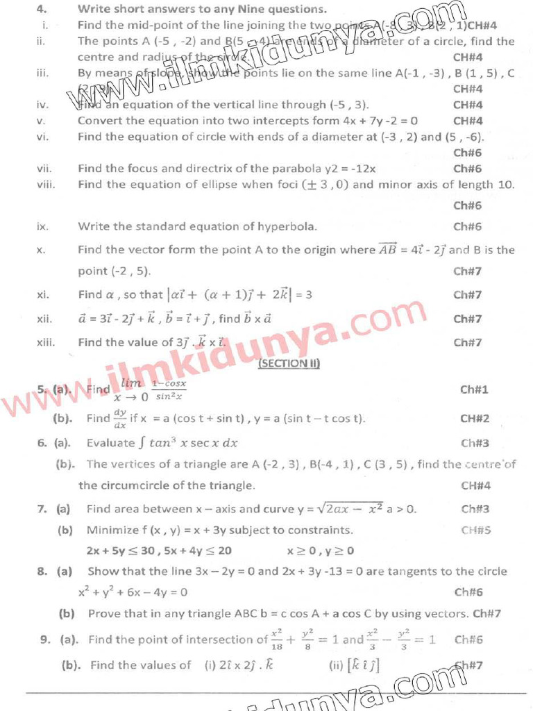 Past Papers Lahore Board 2017 Inter Part 2 Mathematics Group 1 English Subjective 2 | PDF
