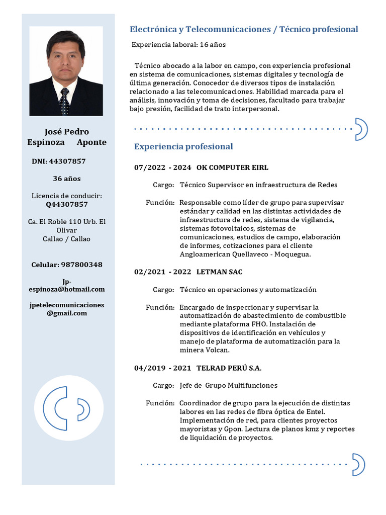 CV Jose - Pedro Espinoza Aponte | PDF | Telecomunicaciones | 3 G