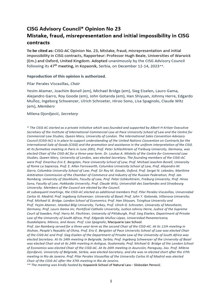 CISG Advisory Council Opinion 23 - Mistake, Fraud, Misrepresentation ...