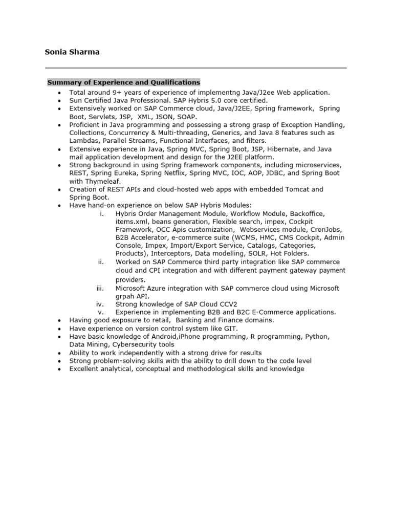 Sonia Sharma Resume Java | PDF | Spring Framework | Java (Programming Language)