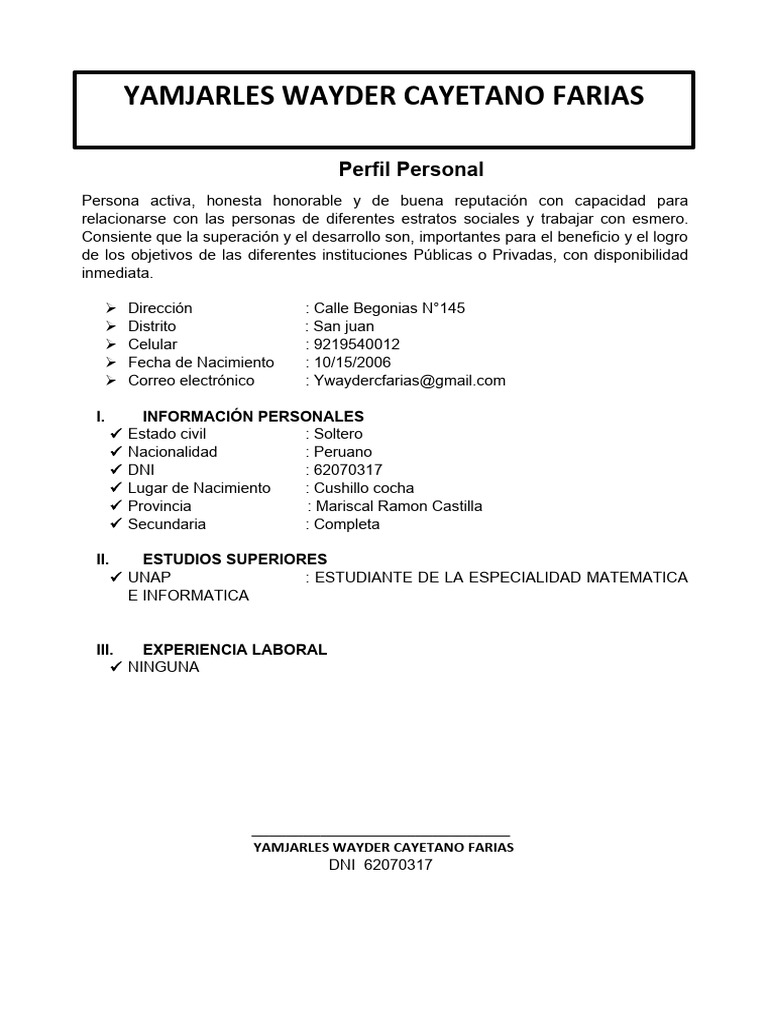 Cv. Yamjarles Wayder Cayetano Farias | PDF