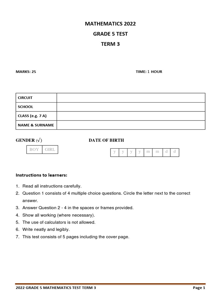 Grade 5 Term 3 Maths Test 2022 | PDF | Elementary Geometry | Euclidean ...