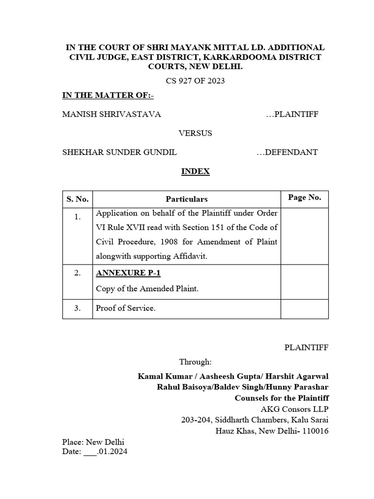 Application U O6 R17 Manish Srivastava | PDF | Lawsuit | Justice