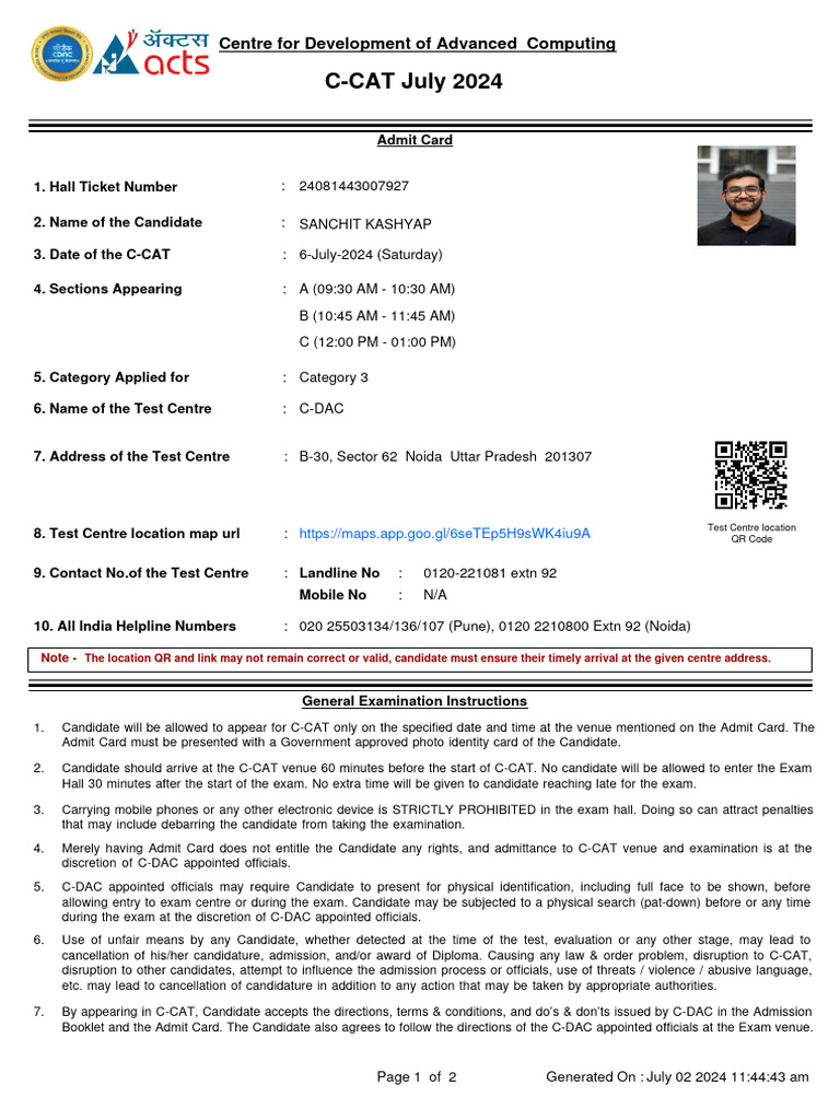 Admit Card Cdac | PDF | Computing