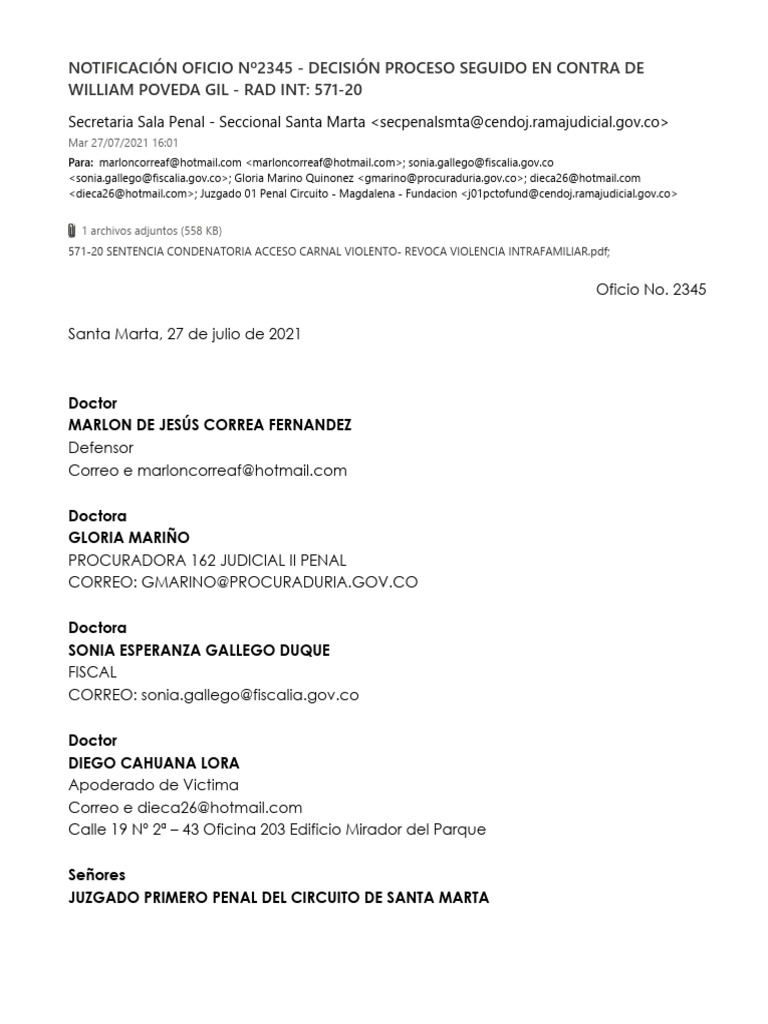 02 Notificacion Oficio 2345 | PDF | Separación de poderes | Ley Pública