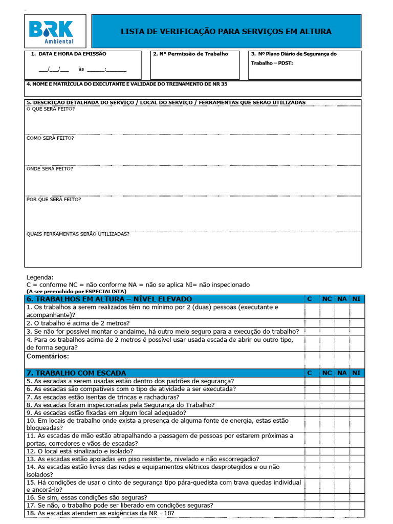 FR.030.COR - Seg-R00 Check List Trabalho em Altura | PDF | Andaime