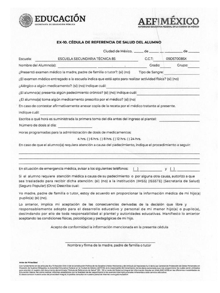 Ex10 Cedula de Referencia de Salud Del Alumno | PDF