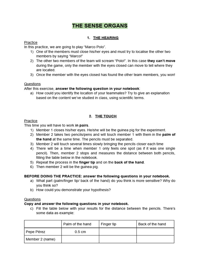Sense Organs Lab Practice | PDF | Experiment | Hand