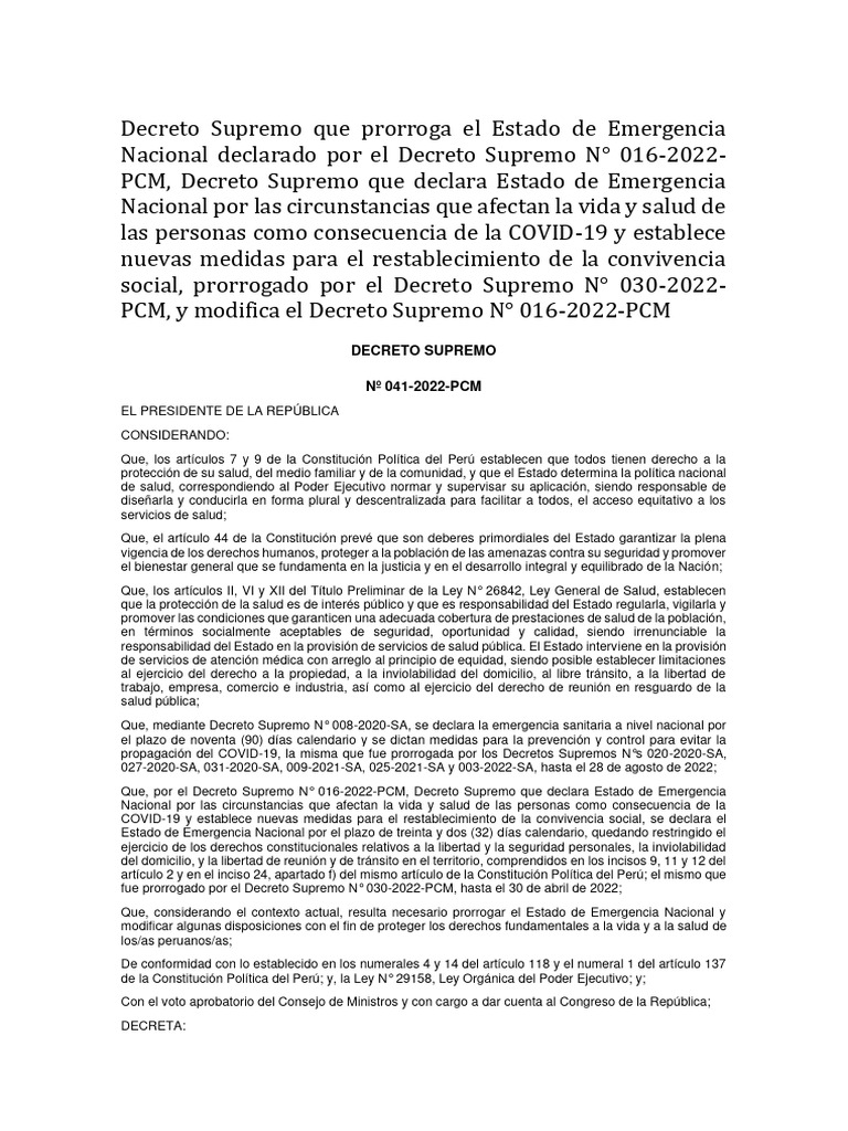 2022 04 23 - 041 2022 PCM - 8223 | PDF | Estado de emergencia ...