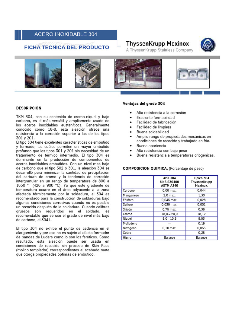 Ficha Tecnica Acero T304 | PDF | Soldadura | Construcción
