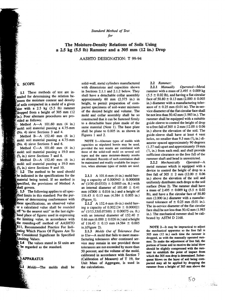 AASHTO T 99 Moisture Density Relations of Soils Standard Compac | PDF