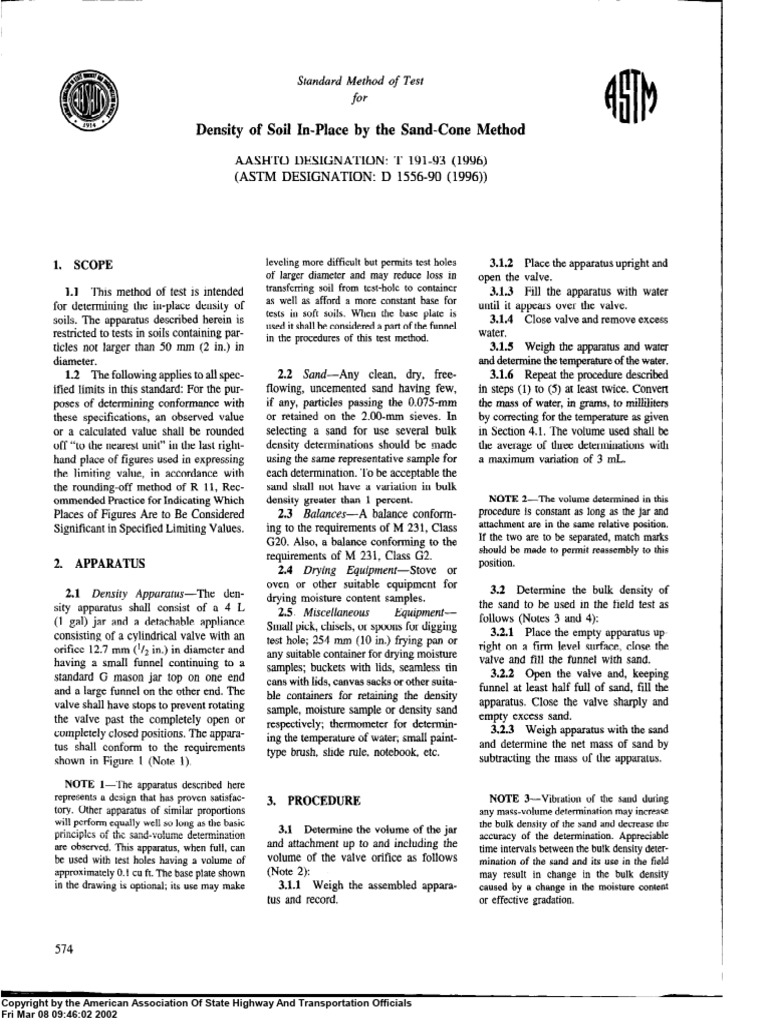 AASHTO T 191 Field Density Test by Sand Cone Method | PDF